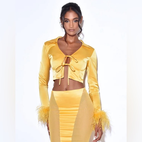 Miss Circle | Tops | Melissa Yellow Feather Trim Satin Top Tie Front ...